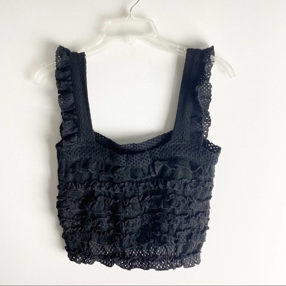 Zara | Tops | Zara Open Knit Ruffle Cropped Top Black Medium | Poshmark